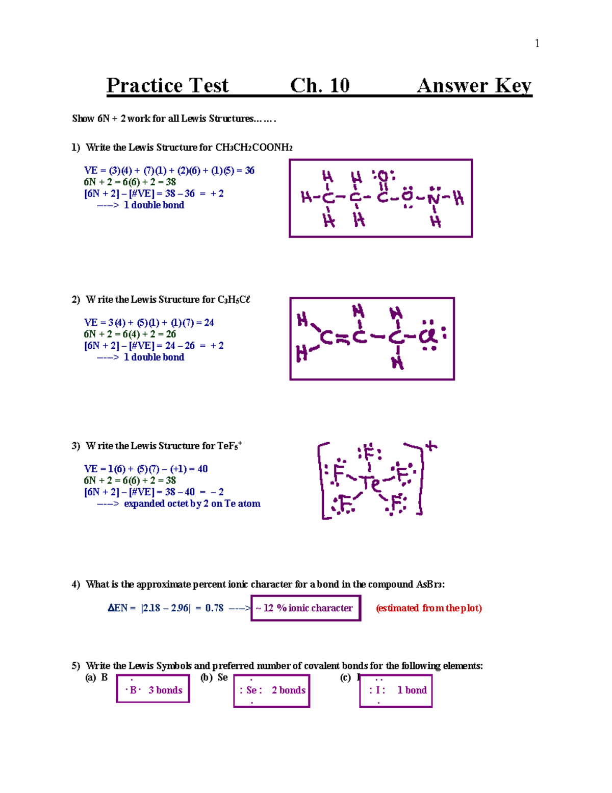 Practice Test 1 - Ch. 10 Answer Key: Lewis Structures & Polarity - Studocu