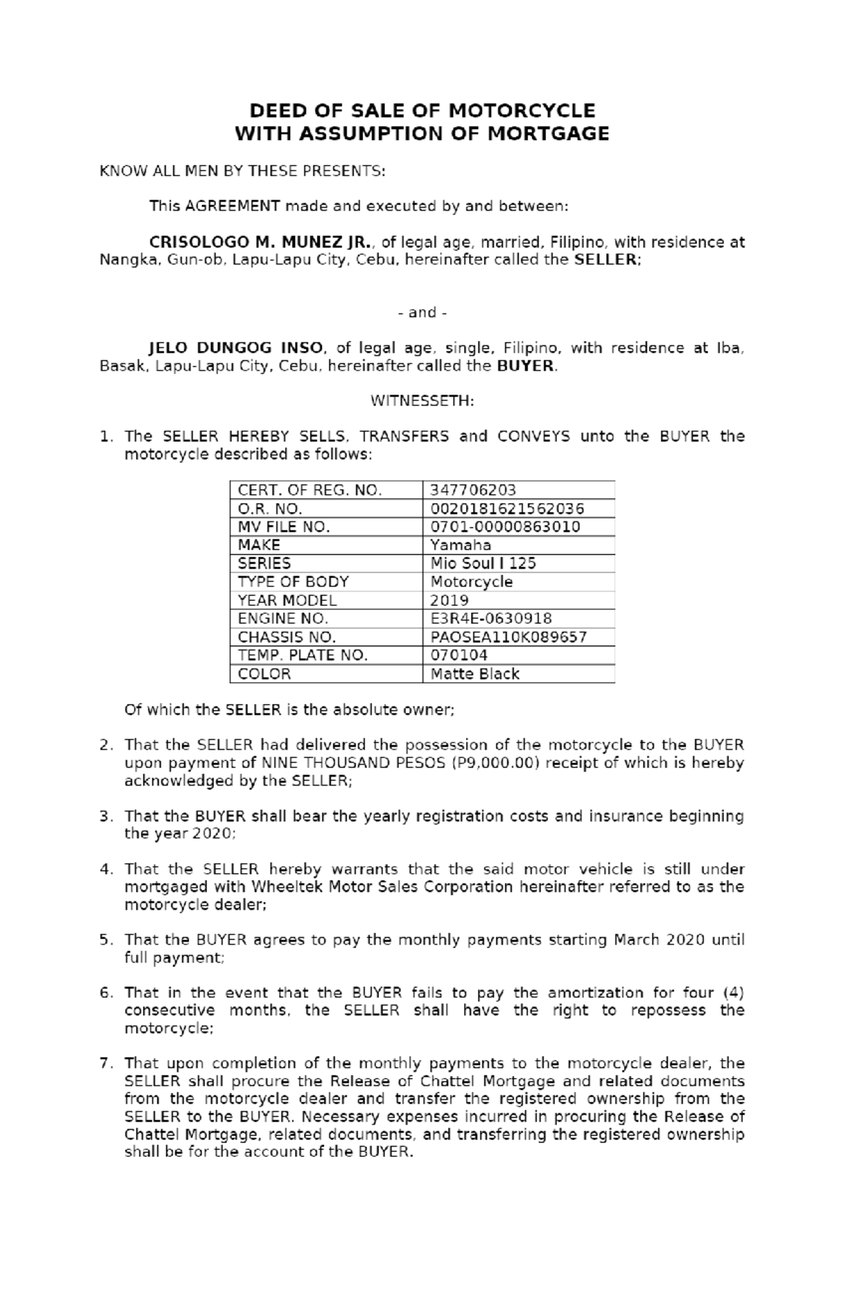 Deed of Sale of Motor Vehicle With Assumption of Mortgage - Pdfcoffee - DEED OF SALE OF ...