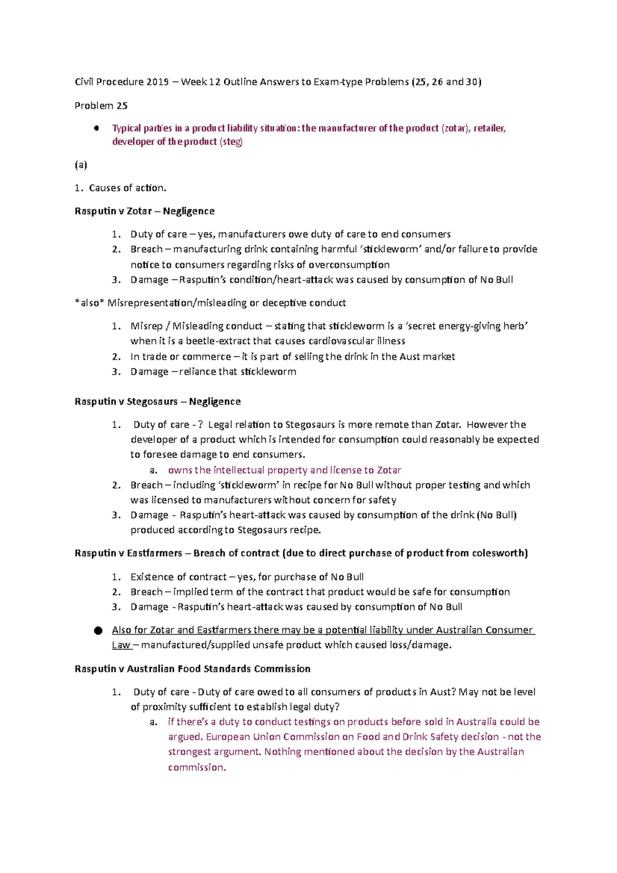 Week 12 Problems 25 26 and 30 - Civil Procedure 2019 – Week 12 Outline ...