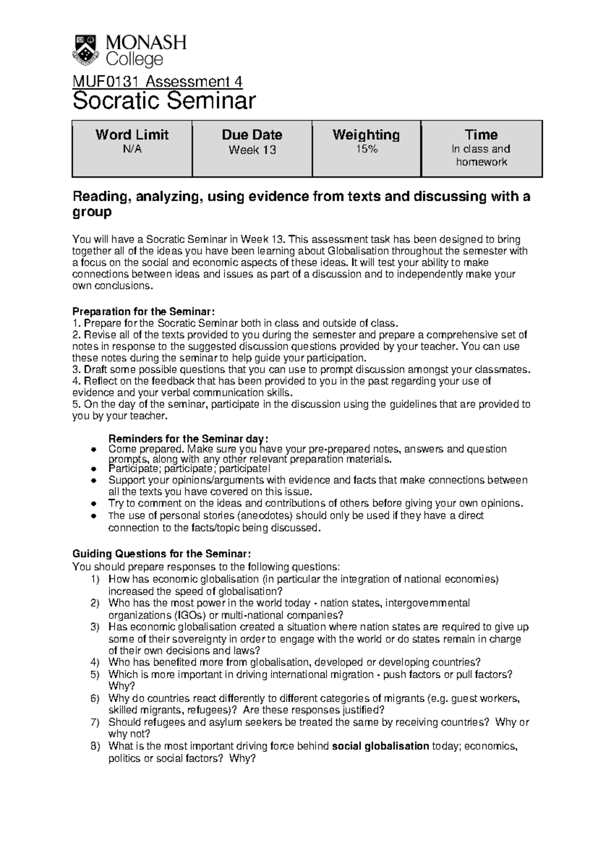 MUF0131 Assessment 4: Socratic Seminar Task & Rubric S2 2025 - Studocu