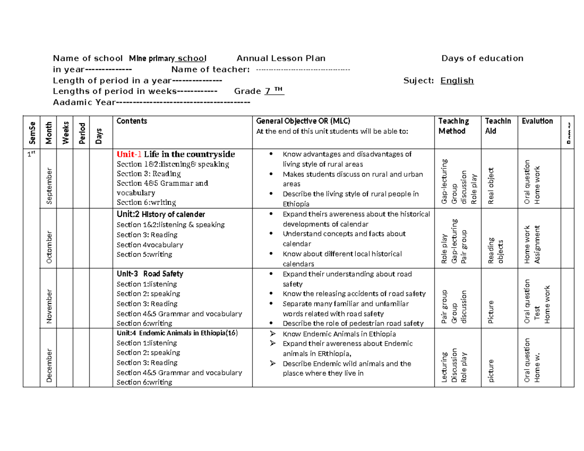 Annual Lesson Plan for English Grade 5 (Units 1-10) - Studocu