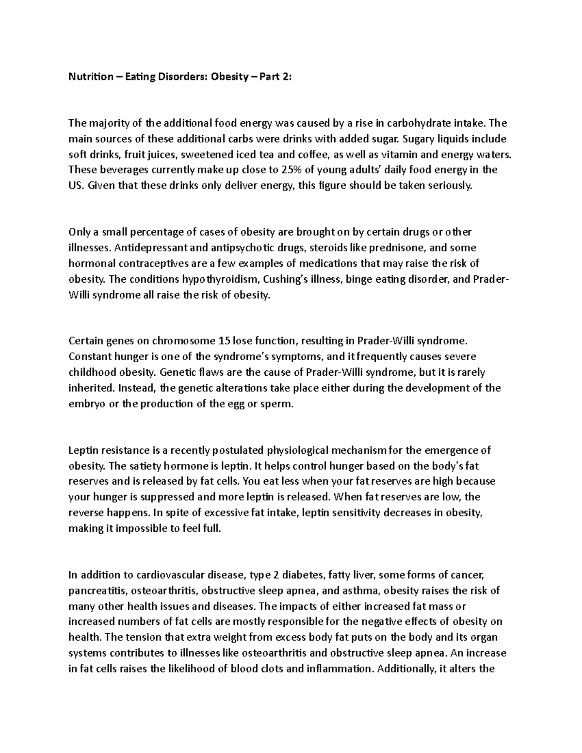 Nutrition – Eating Disorders - Obesity – Part 2 - Nutrition – Eating ...