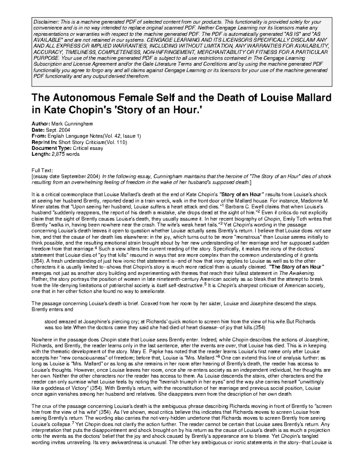 Critical Essay on 'The Story of an Hour' & Autonomous Female Self - Studocu