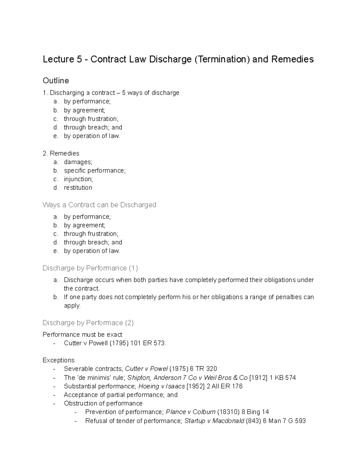 BU1112 - Lecture 5: Contract Law Discharge & Remedies Overview - Studocu