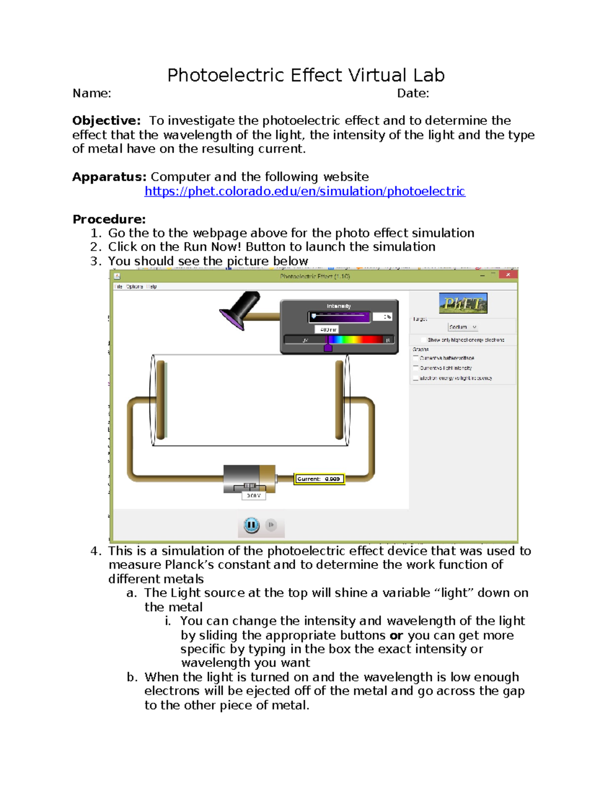 Photoelectric Effect Virtual Lab 3: Exploring Wavelength & Current ...