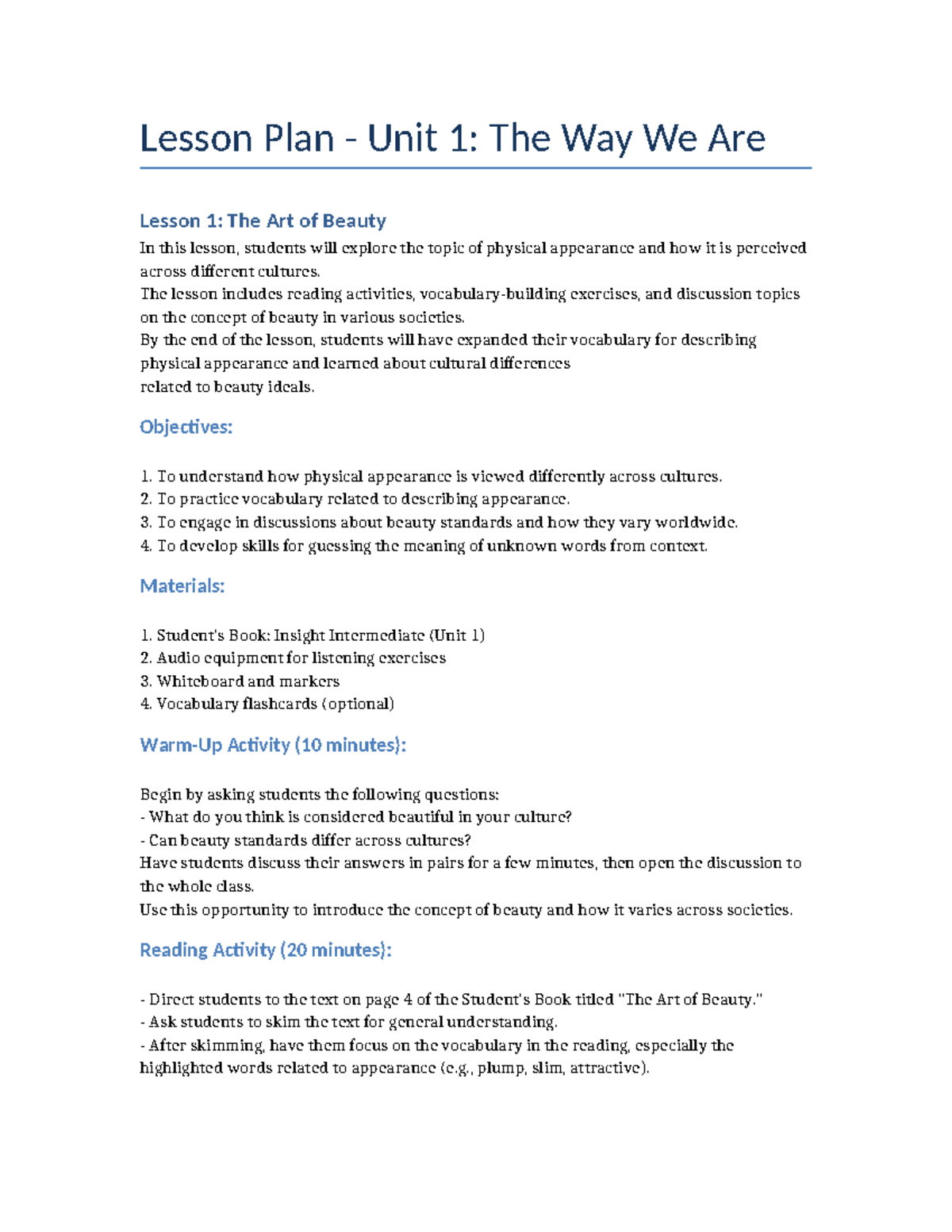 Lesson 1 The Way We Are - Learning Materials - Lesson Plan - Unit 1 ...