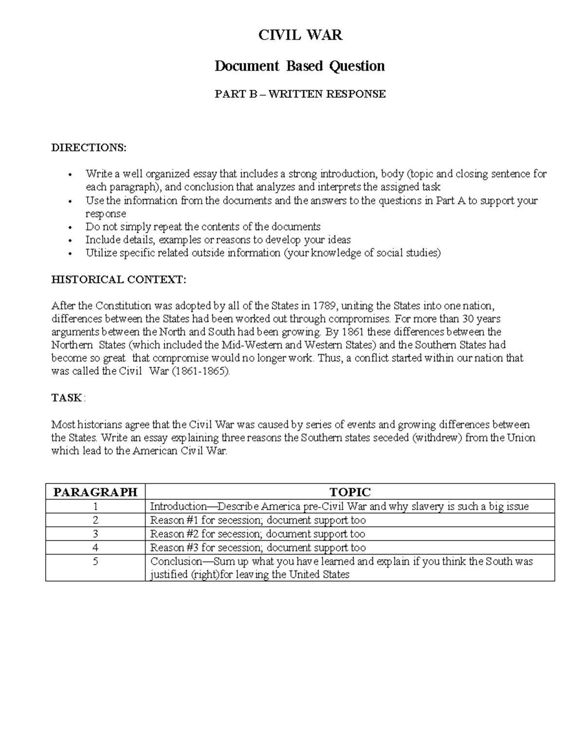 Civil War DBQ-1 Essay: Analyzing Southern Secession Reasons - Studocu
