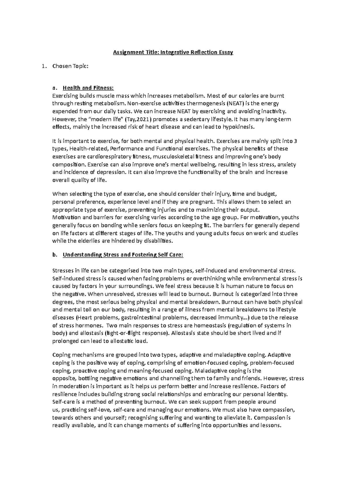 CC0005 Essay - Healthy living wellbeing summary - Assignment Title ...