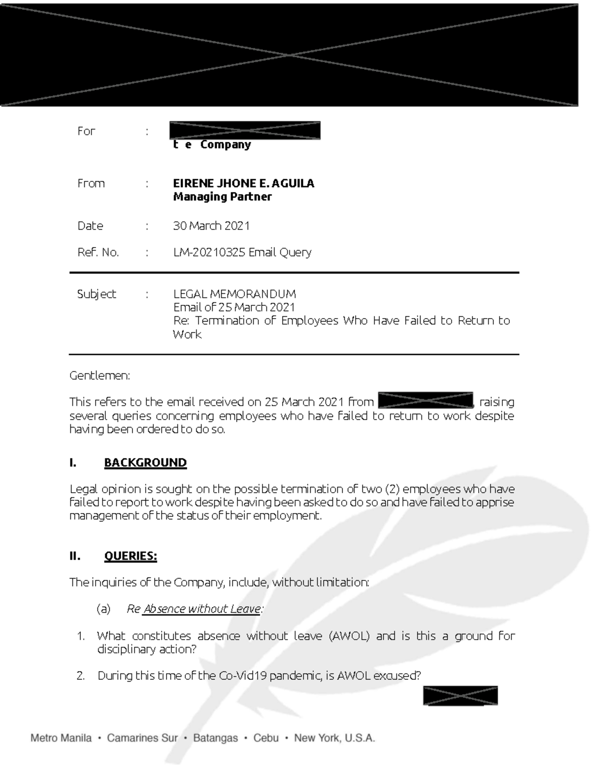 Legal Memo: Termination Procedures for Employees Not Returning to Work ...
