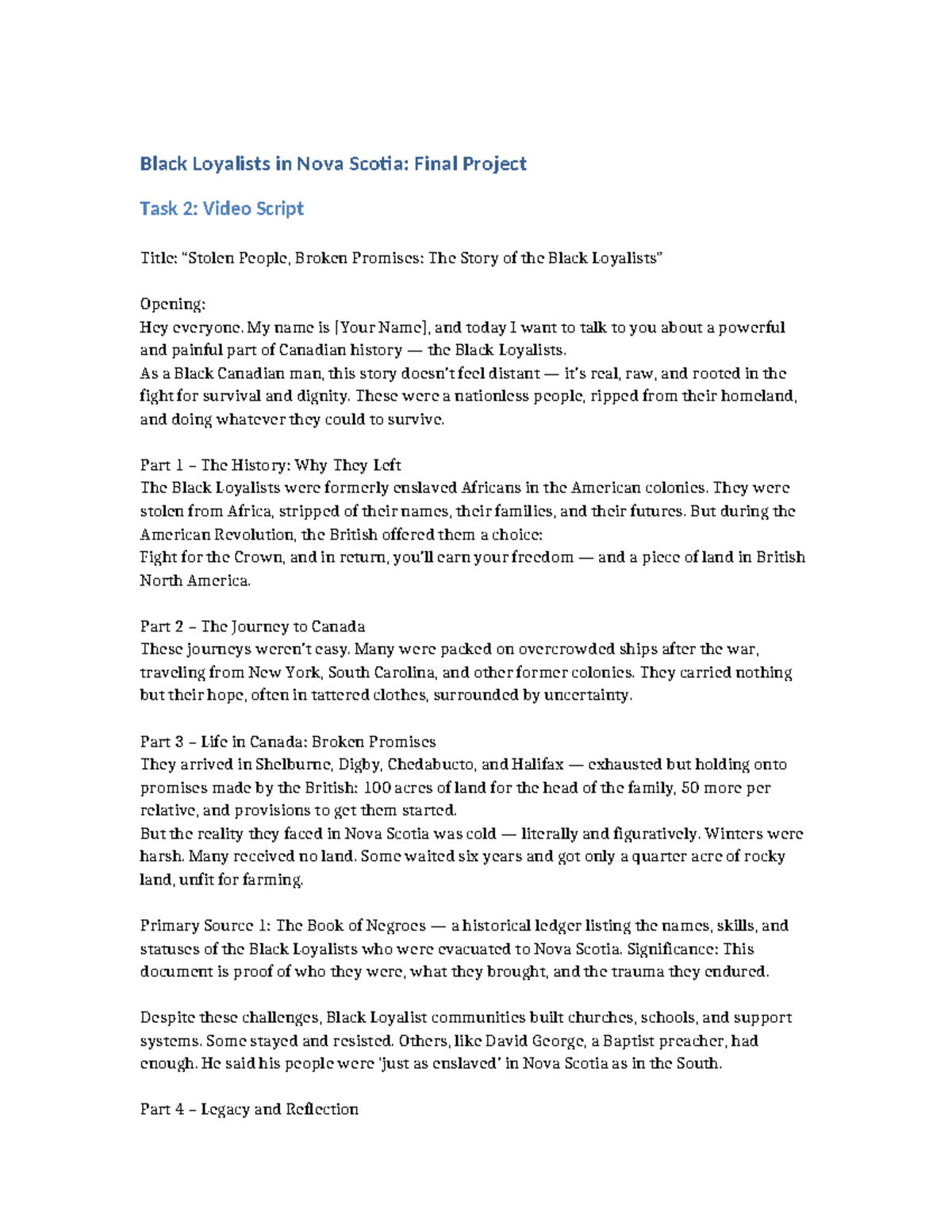 Black Loyalists in Nova Scotia: Final Project Video Script - Studocu