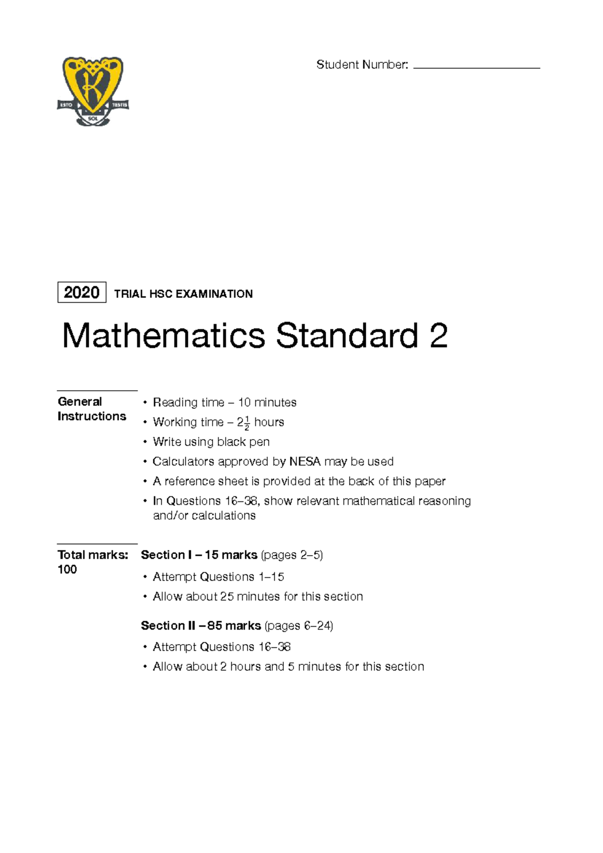 2020 HSC Trial Exam Mathematics Standard 2 - Complete Guide - Studocu