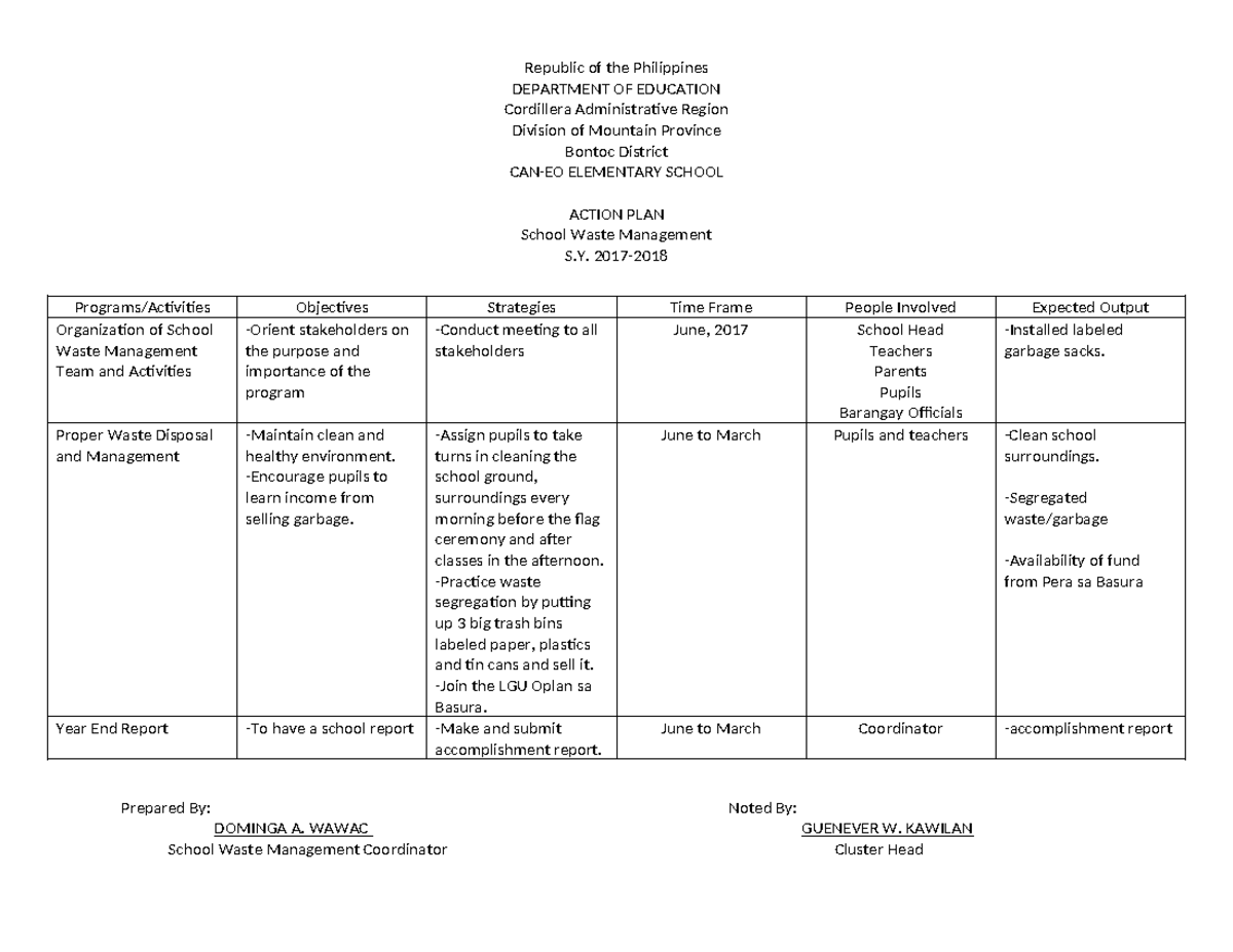 Waste Management Action Plan - S.Y. 2017-2018 - Studocu