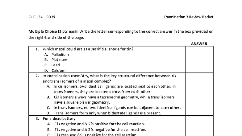 CHE 134 SQ25 Examination 3 Review Packet: Multiple Choice & Short Answer - Studocu