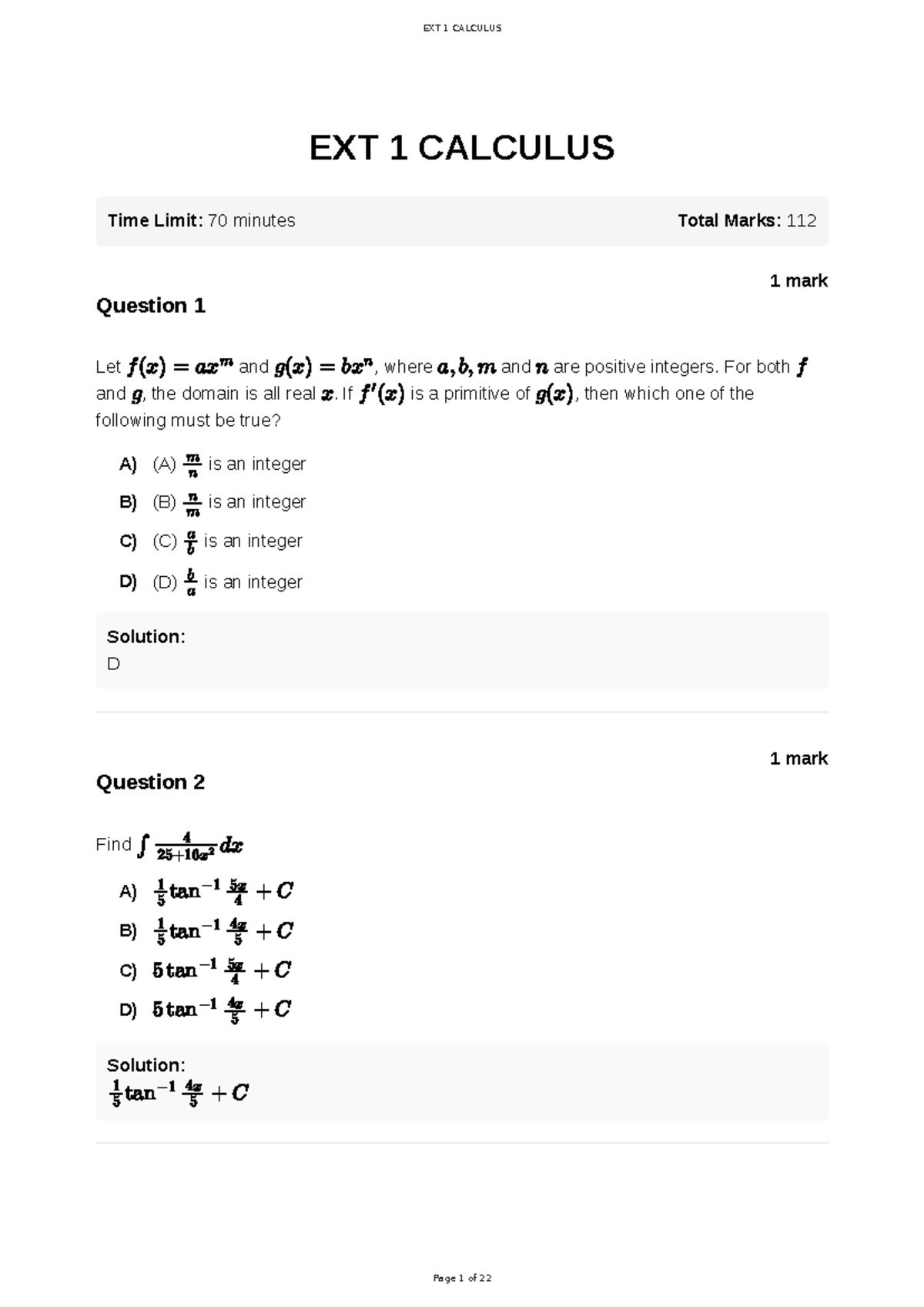 EXT 1 CALCULUS Solutions and Explanations - Studocu