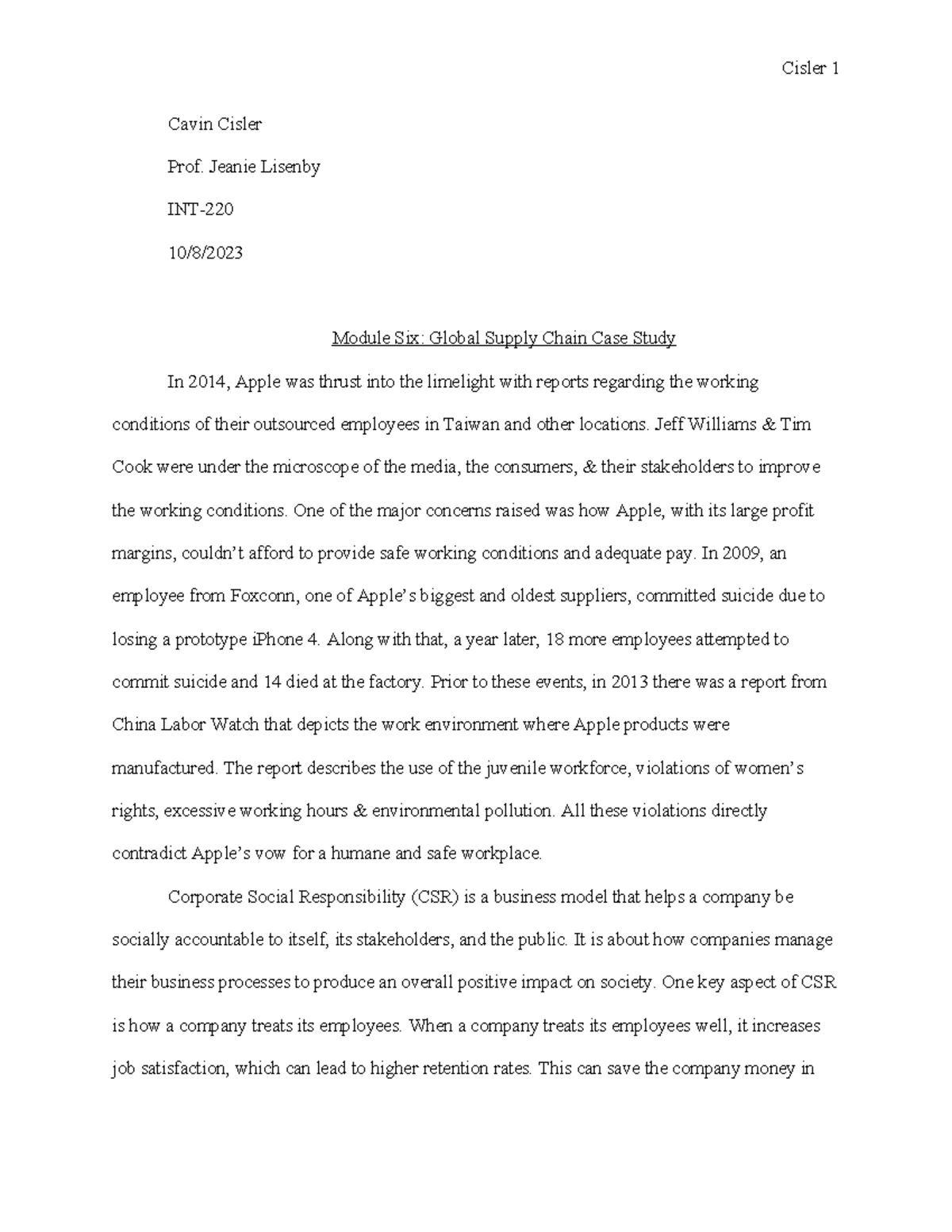 INT 220 Module 6 Case Study - Cavin Cisler Prof. Jeanie Lisenby INT- 10 ...