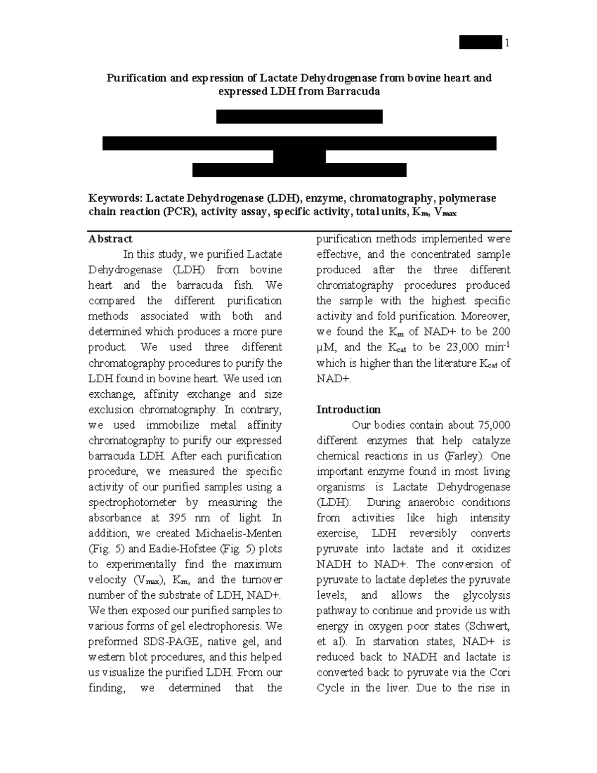 Purification and Expression of Lactate Dehydrogenase (BIOL 4011) Final ...