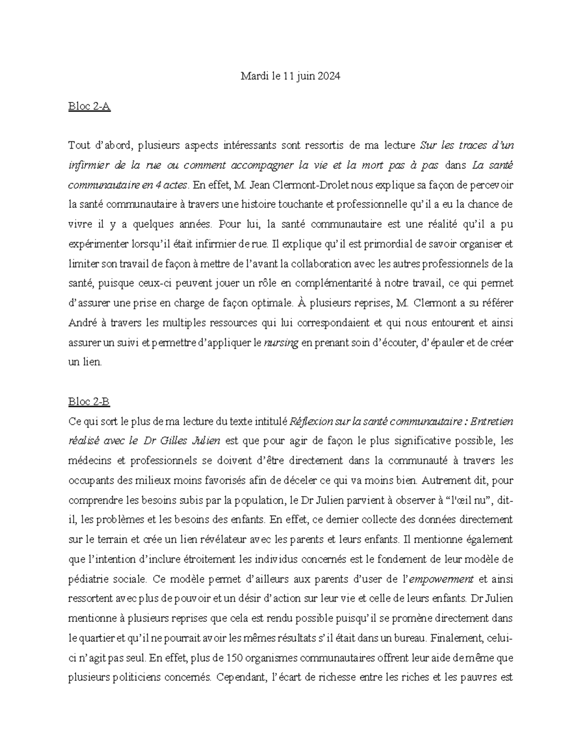 Journal de bord bloc 2 : Réflexions sur la santé communautaire et - Studocu