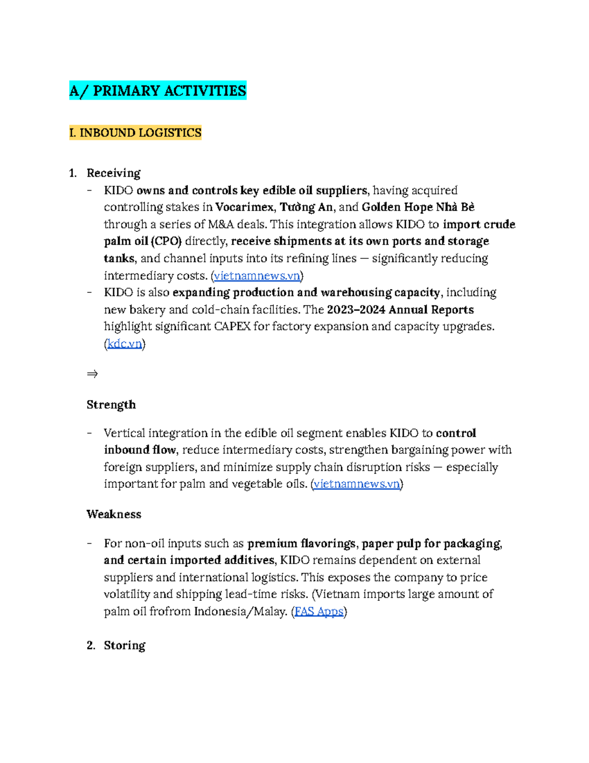 KIDO 2: Analysis of Primary and Support Activities in Logistics - Studocu