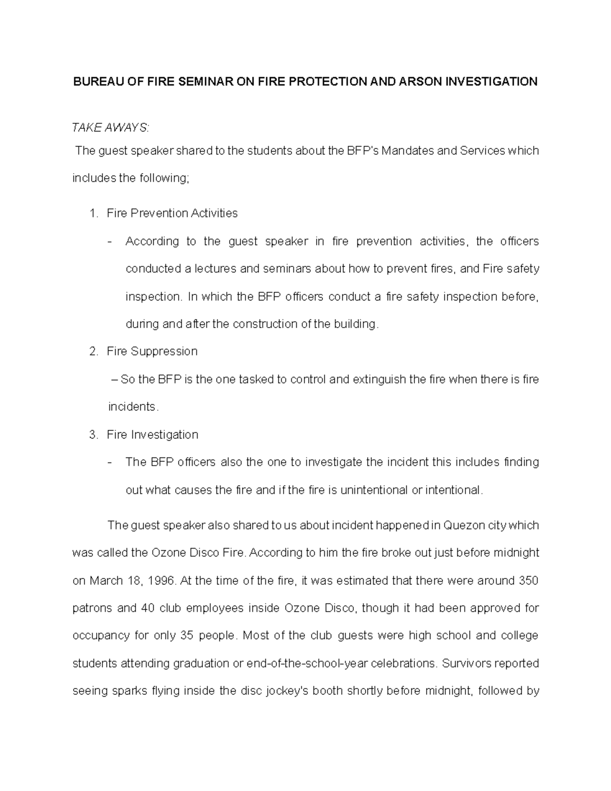 BFP Seminar: Fire Protection & Arson Investigation Insights - Studocu