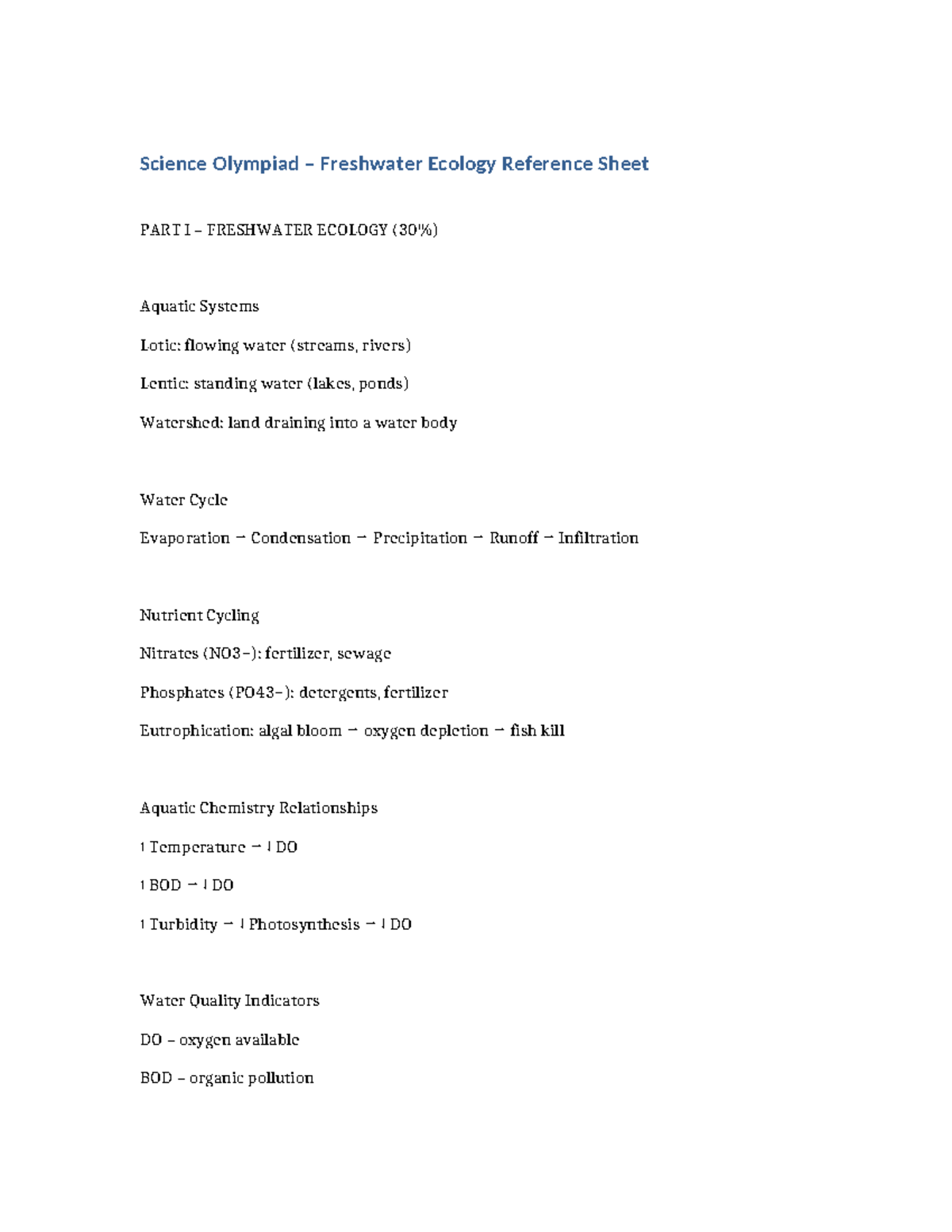 Science Olympiad Freshwater Ecology Reference Sheet - Studocu