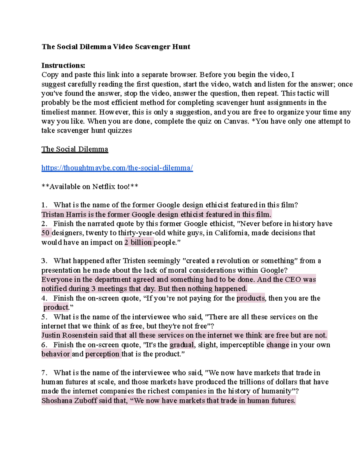 The Social Dilemma Video Scavenger Hunt Guide - Studocu