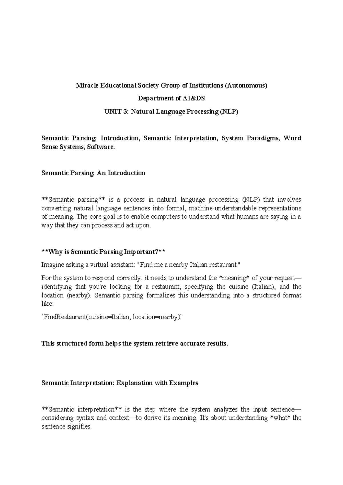 Unit 3: NLP Semantic Parsing - Concepts, Systems, and Applications - Studocu