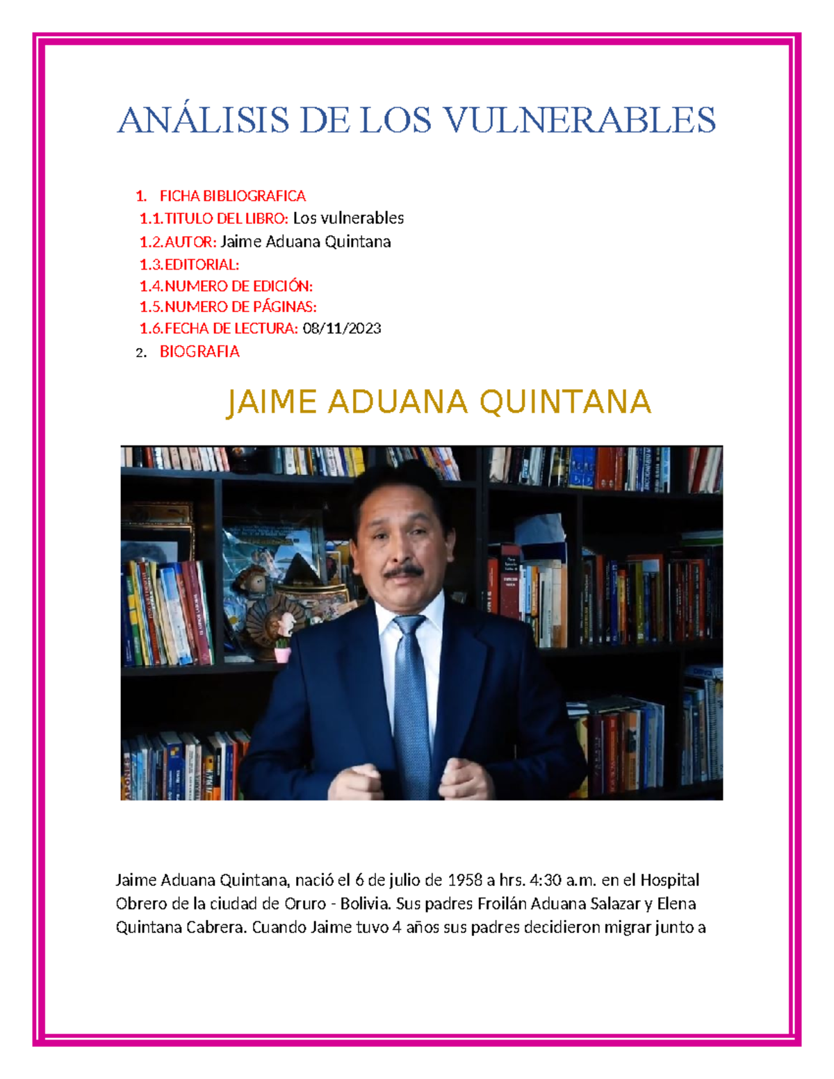 Análisis del Libro "Los Vulnerables" - Jaime Aduana (Literatura) - Studocu