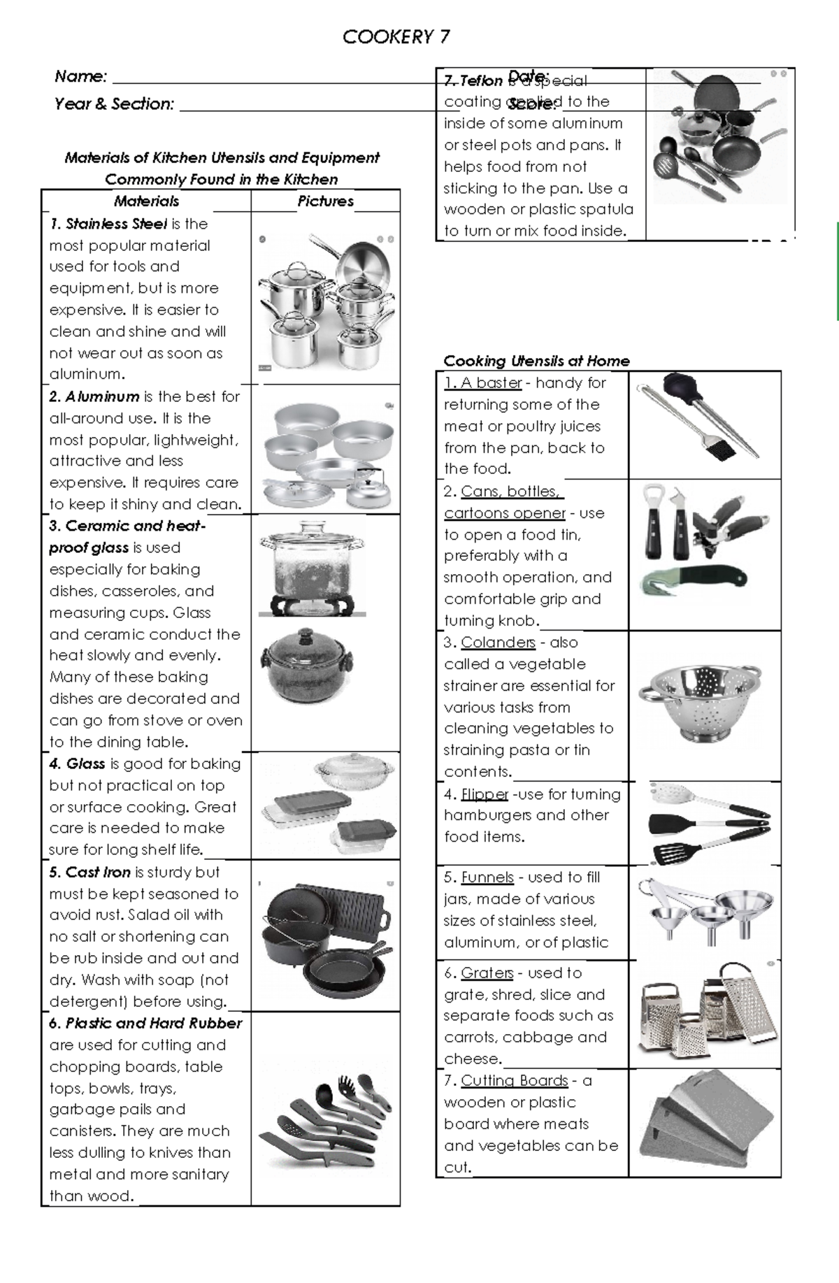 7-Cookery-LAS-1-Final Exam: Kitchen Utensils & Equipment Guide - Studocu