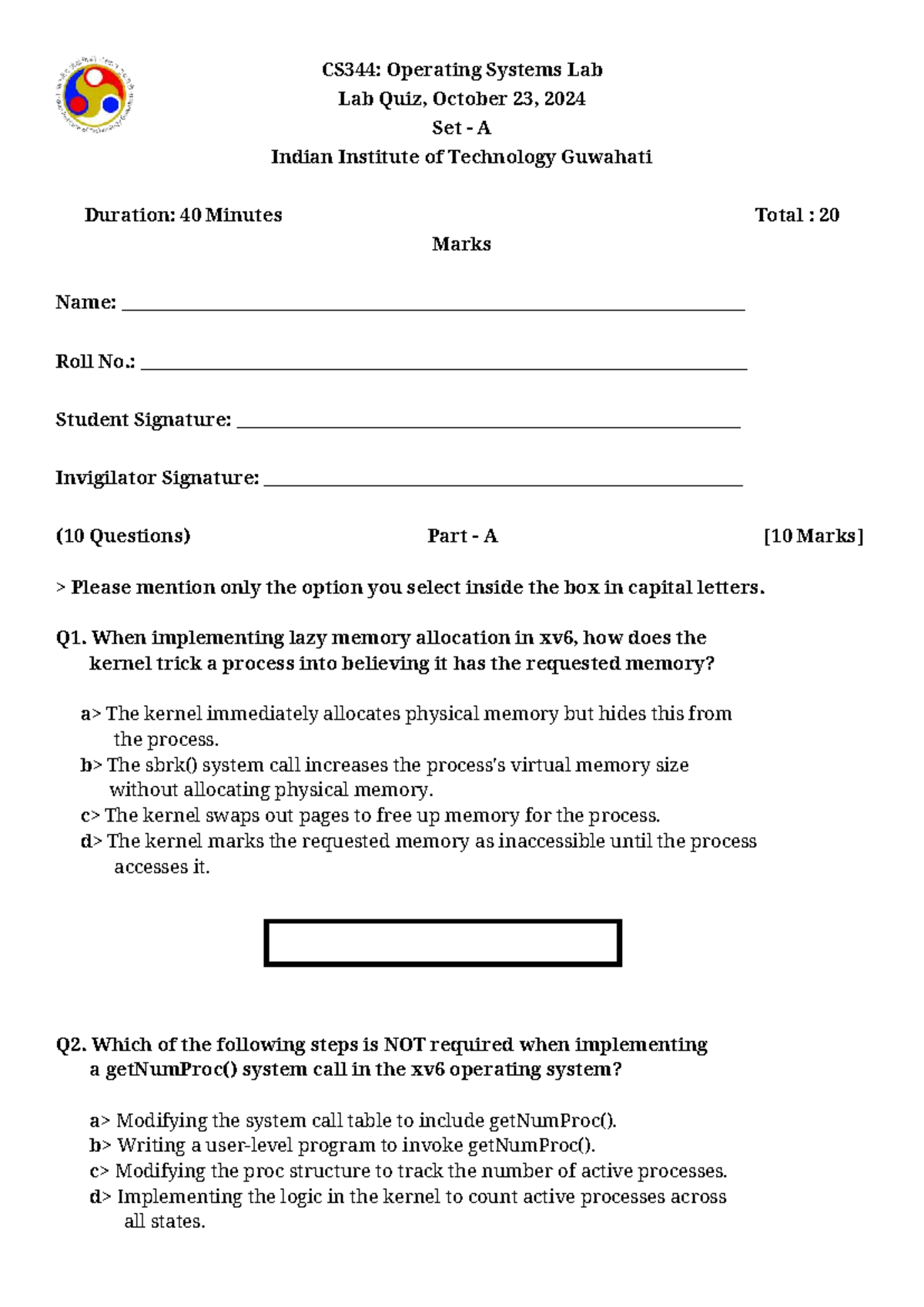 CS344: Operating Systems Lab Quiz - Set A, October 23, 2024 - Studocu