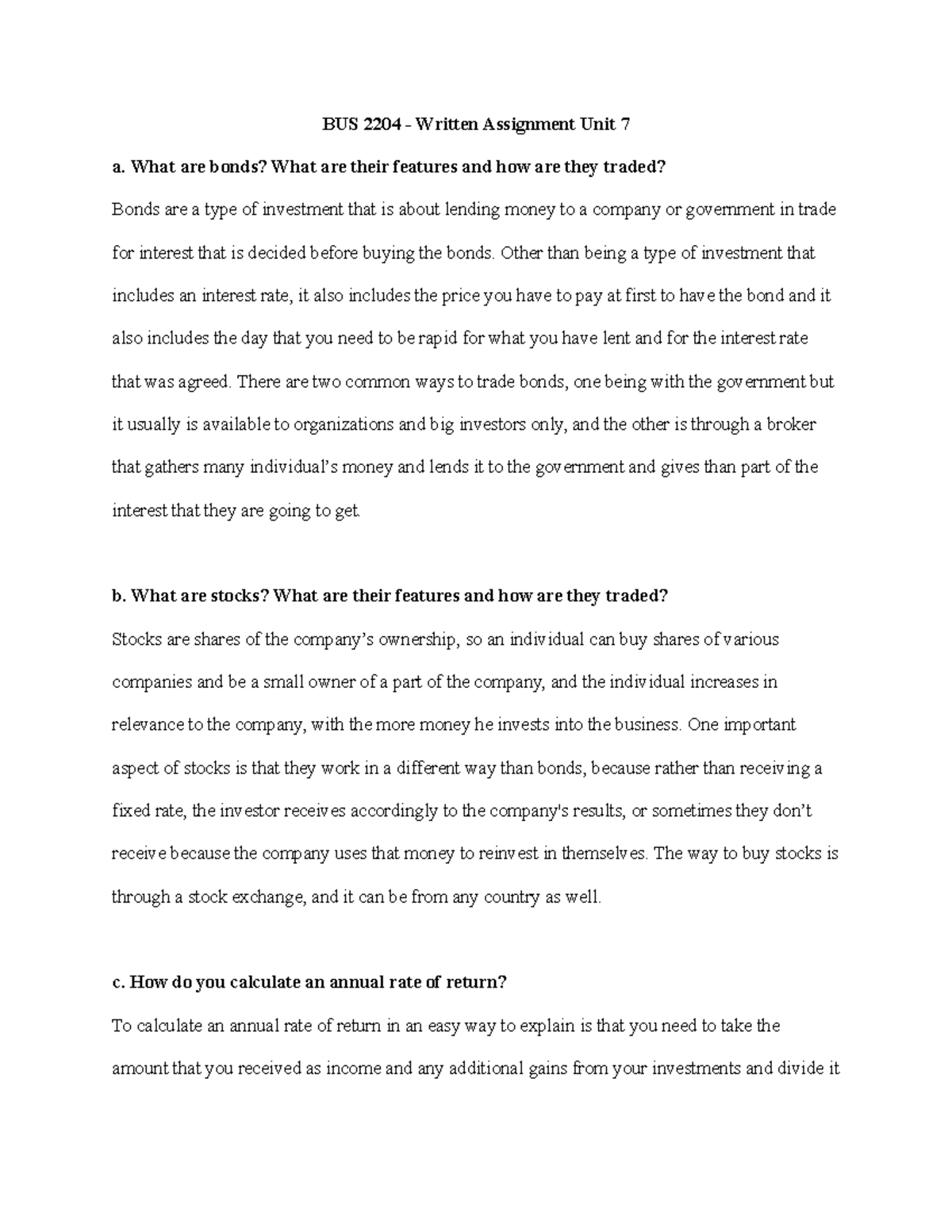 BUS 2204 - Unit 7 Written Assignment: Bonds & Stocks Overview - Studocu