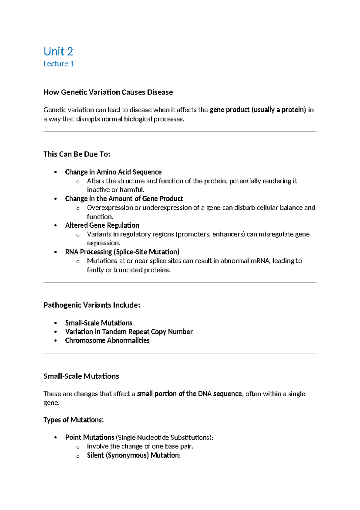 Unit 2 Lecture 1: Genetic Variation and Disease Mechanisms - Studocu