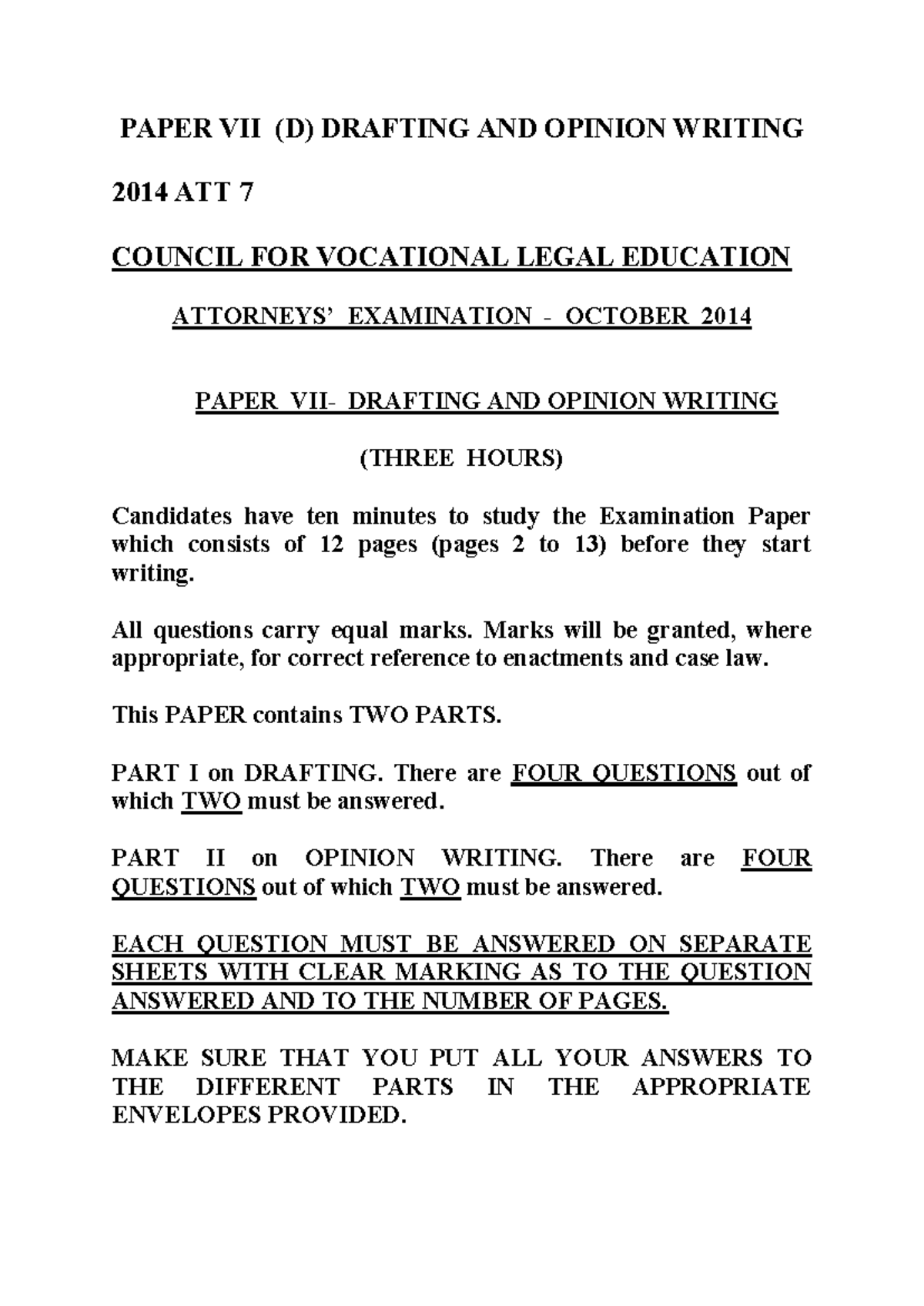 Paper VII (D) Drafting & Opinion Writing Exam 2014 - Studocu