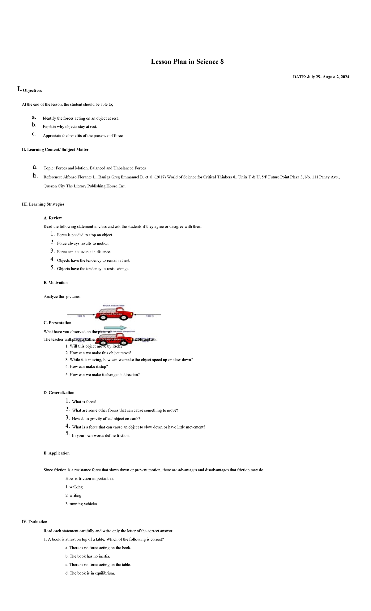 Science 8 Week 1 Quarter 1 - Lesson Plan in Science 8 DATE: July 29 ...