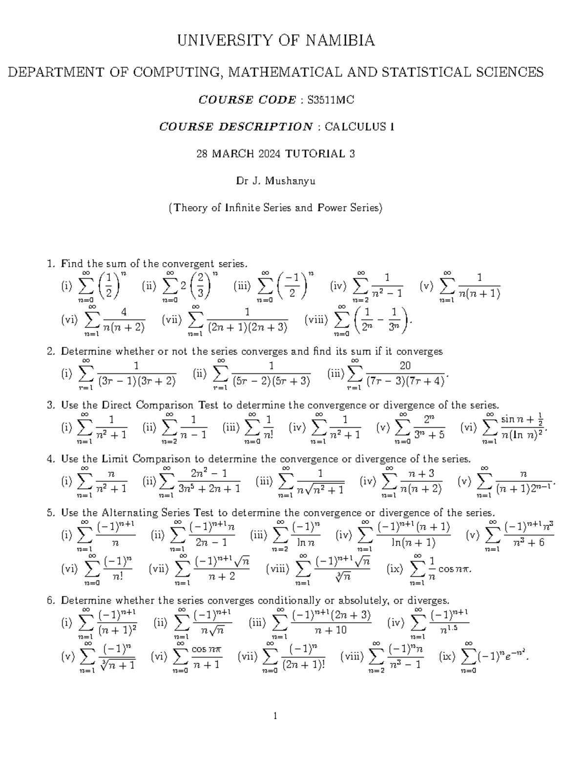 S3511MC Calculus I Tutorial 3: Series Convergence and Tests 2024 - Studocu