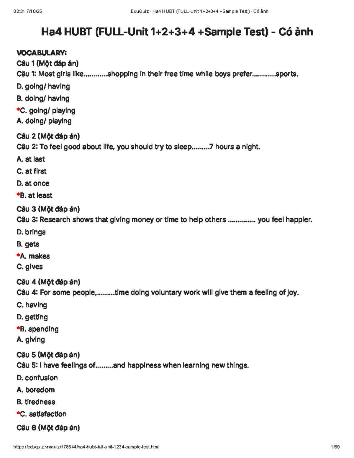 Ha4 HUBT Vocabulary & Grammar Quiz - Sample Test Notes - Studocu