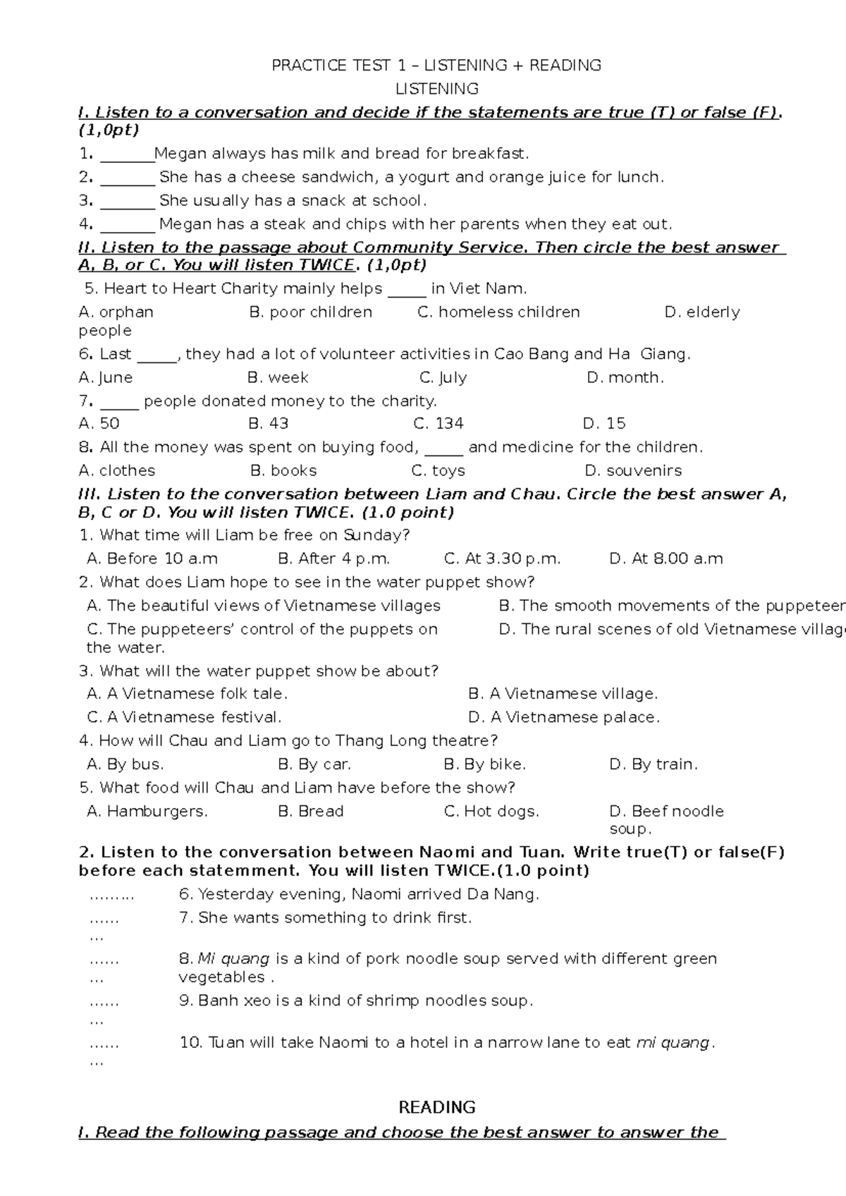 Practice Test 1: Listening & Reading Skills - Course 123 - Studocu