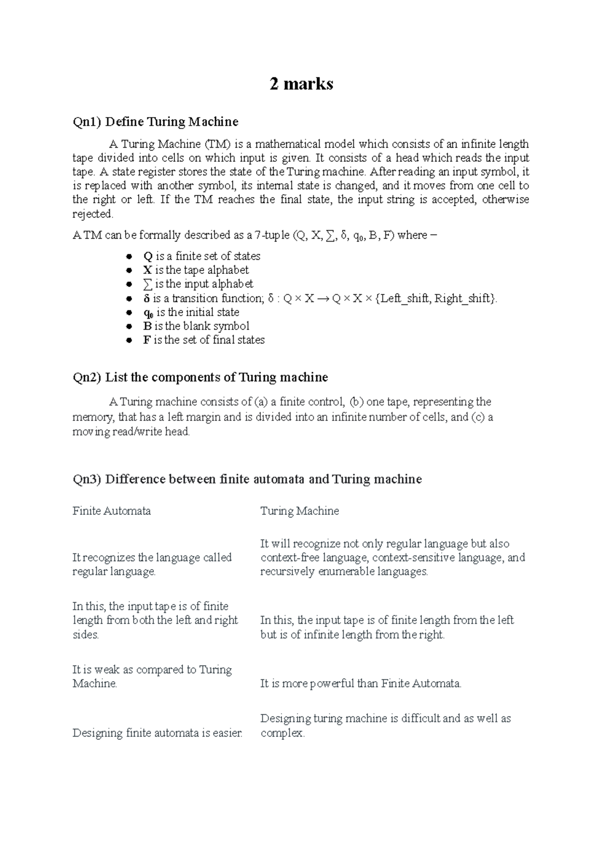 FLAT UNIT4.docx - Flat unit4 2 marks - 2 marks Qn1) Define Turing Machine A Turing Machine (TM ...