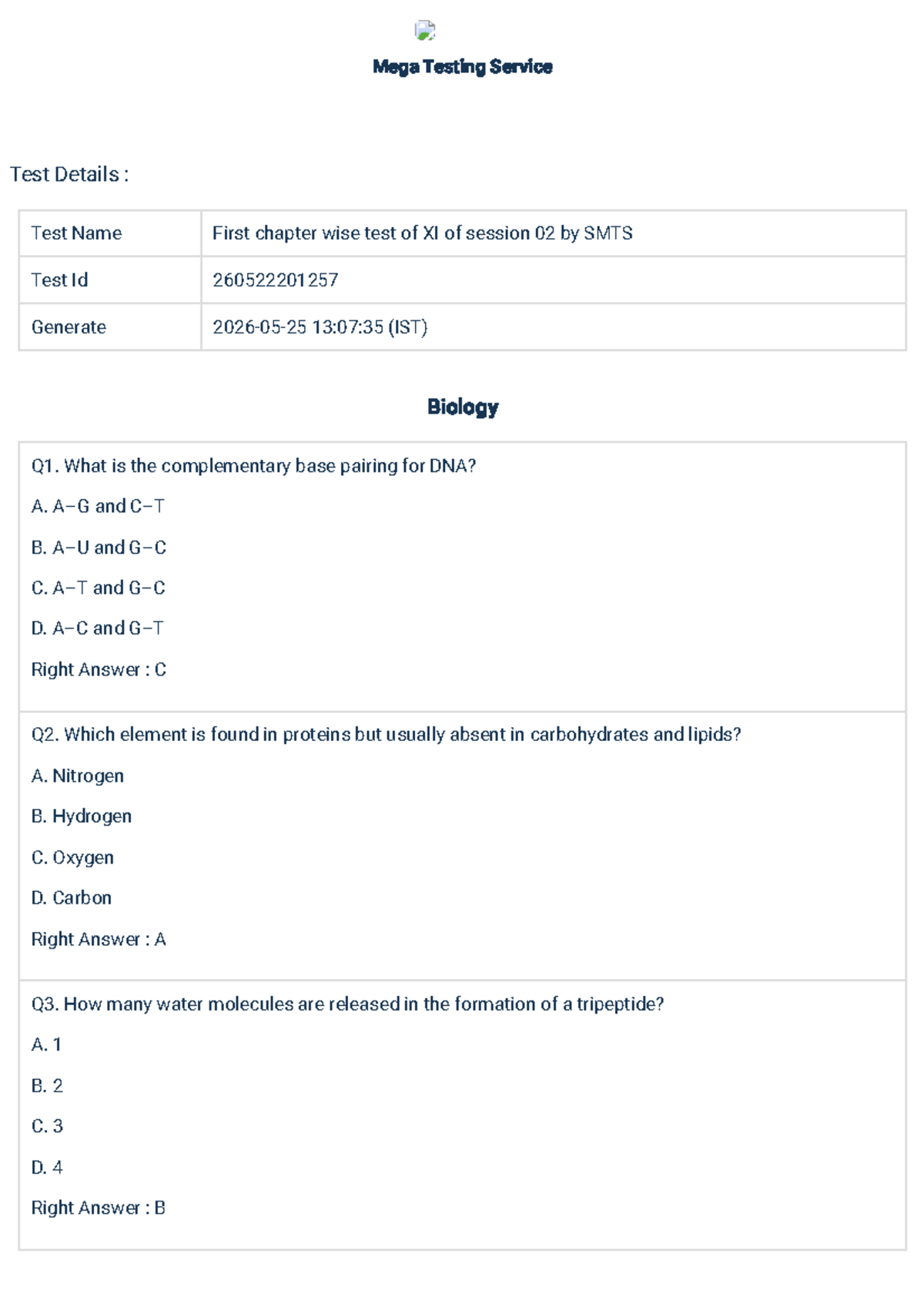 Biology XI (S-2) First Chapter Wise Test Solutions by SMTS - Studocu