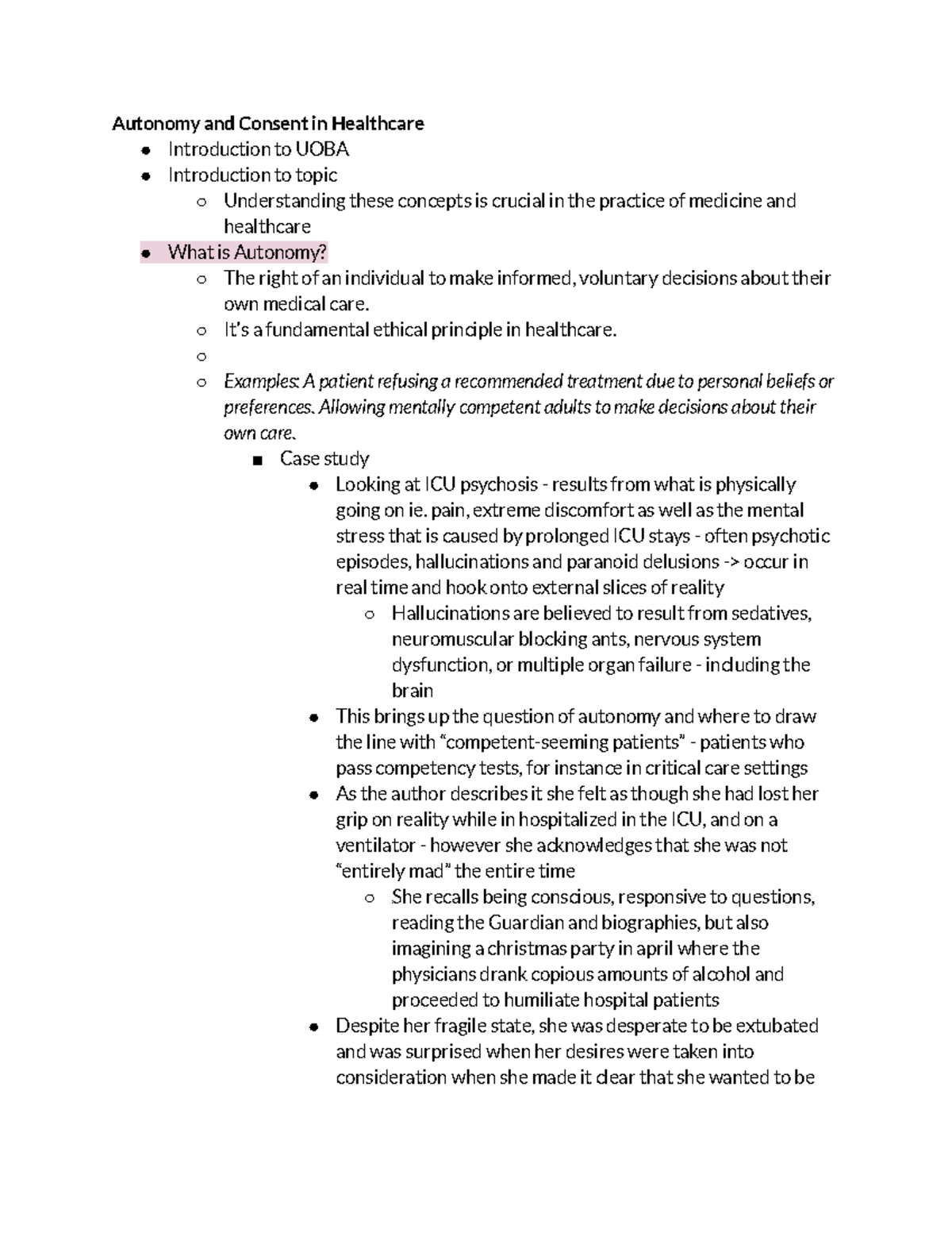 UOBA Research Outline: Autonomy & Consent in Healthcare Ethics - Studocu