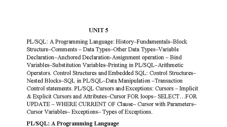 UNIT 5 DBMS: Data Operations, Control Structures, and SQL - Studocu