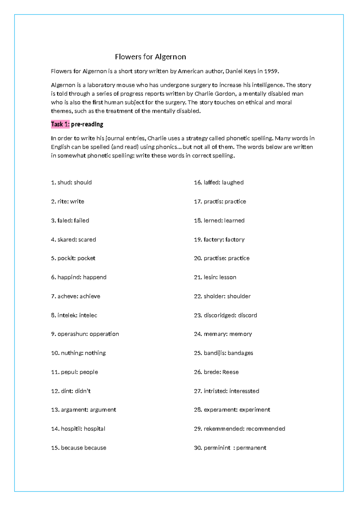Flowers for Algernon: Study Guide & Analysis Tasks - Studocu