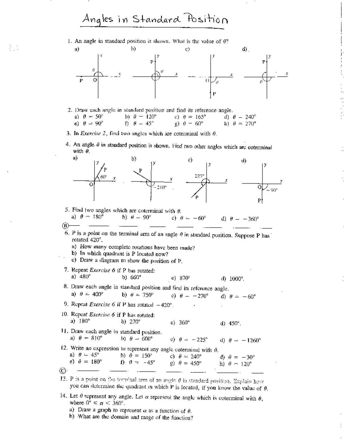 Angles in Standard Position Worksheet: Finding Θ and Coterminal Angles ...