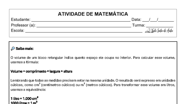 Volume DE Blocos Retangulares TUDO SALA DE AULA - Saiba mais: O volume ...