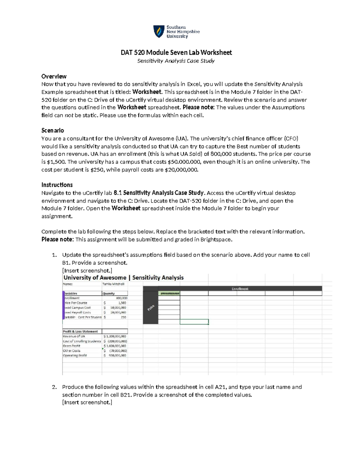 DAT 520 Module 7 Lab: Sensitivity Analysis Case Study Guide - Studocu