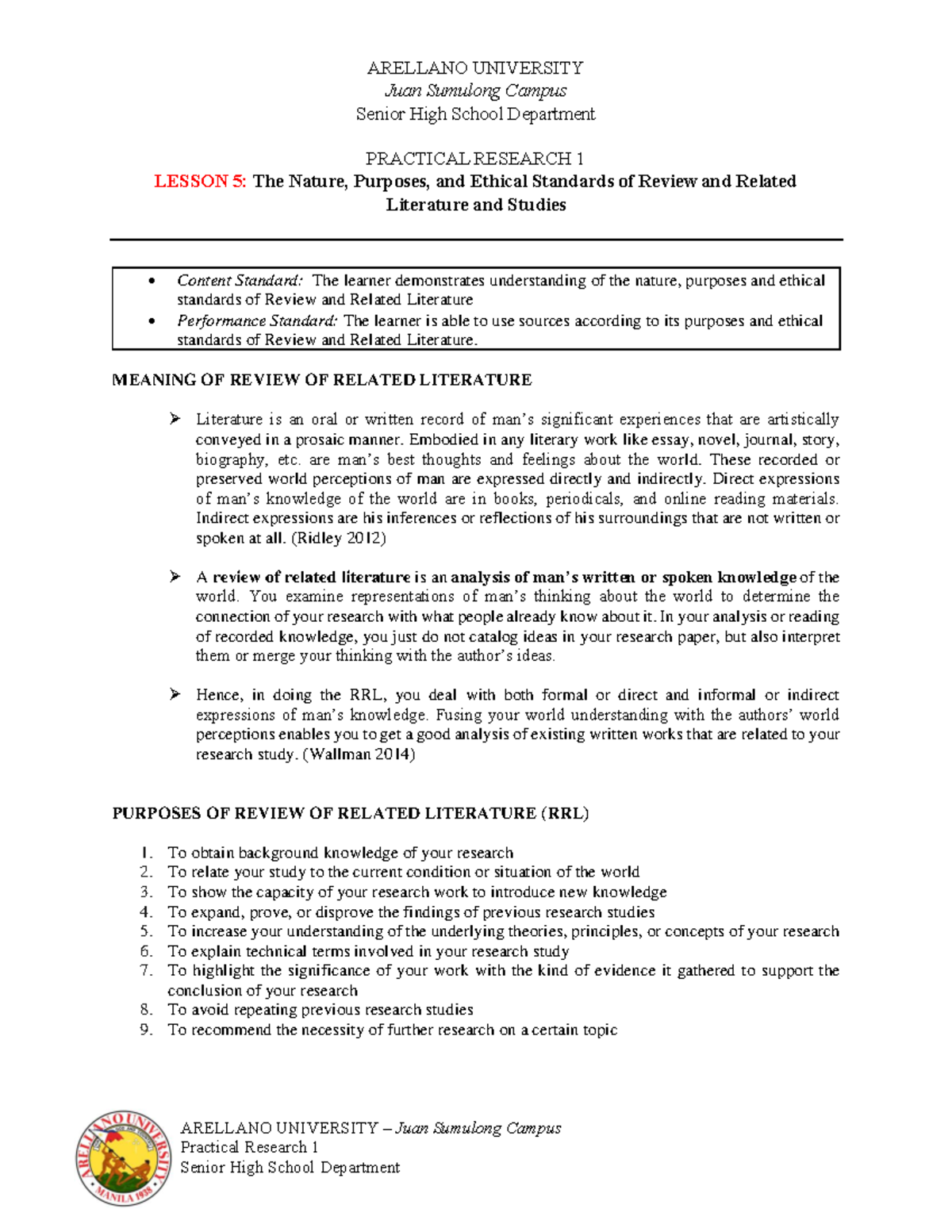 ARELLANO UNIVERSITY PR1 Lesson 5: Nature, Purposes & Ethics of RRL ...