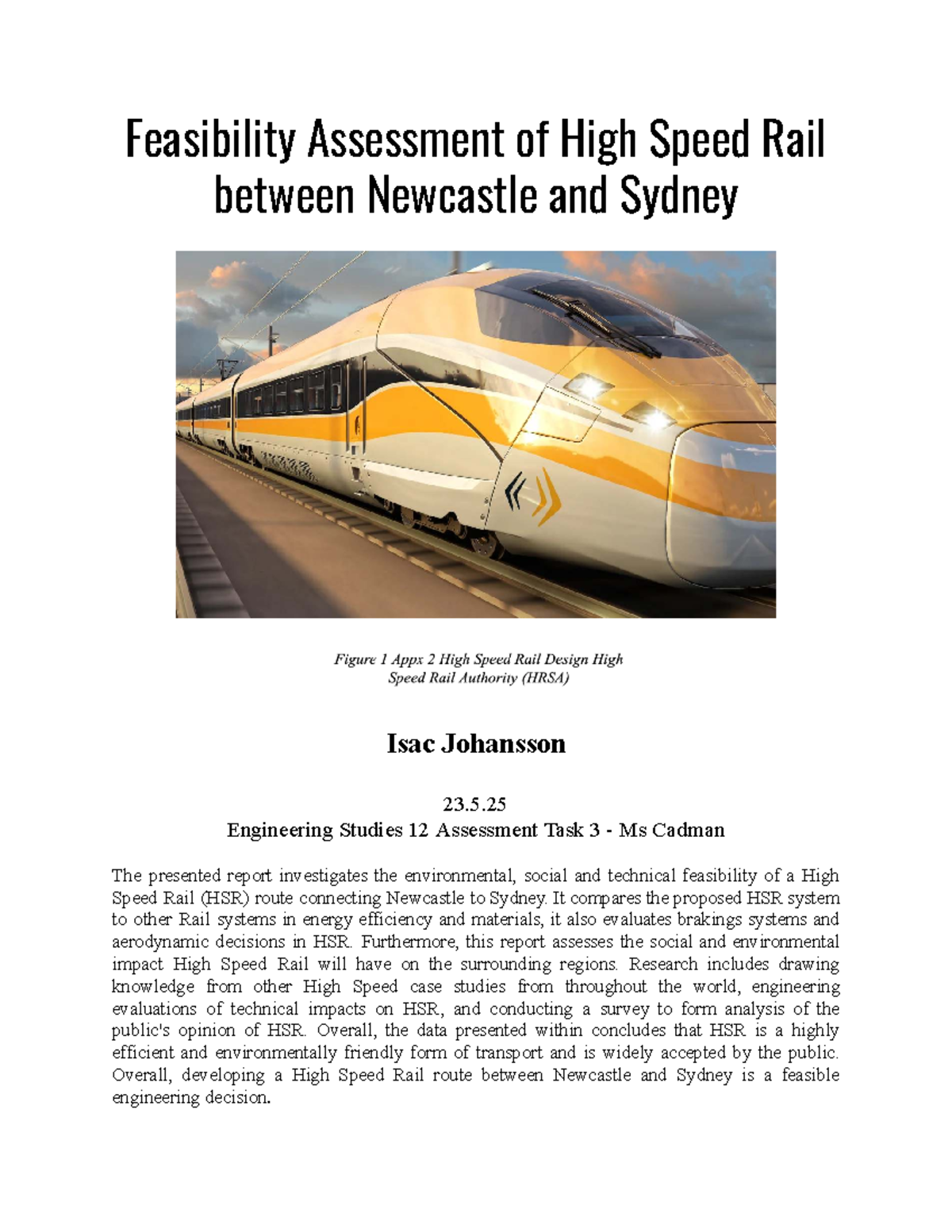 High Speed Rail (HSR) Engineering Studies Assessment Task 3 Analysis ...