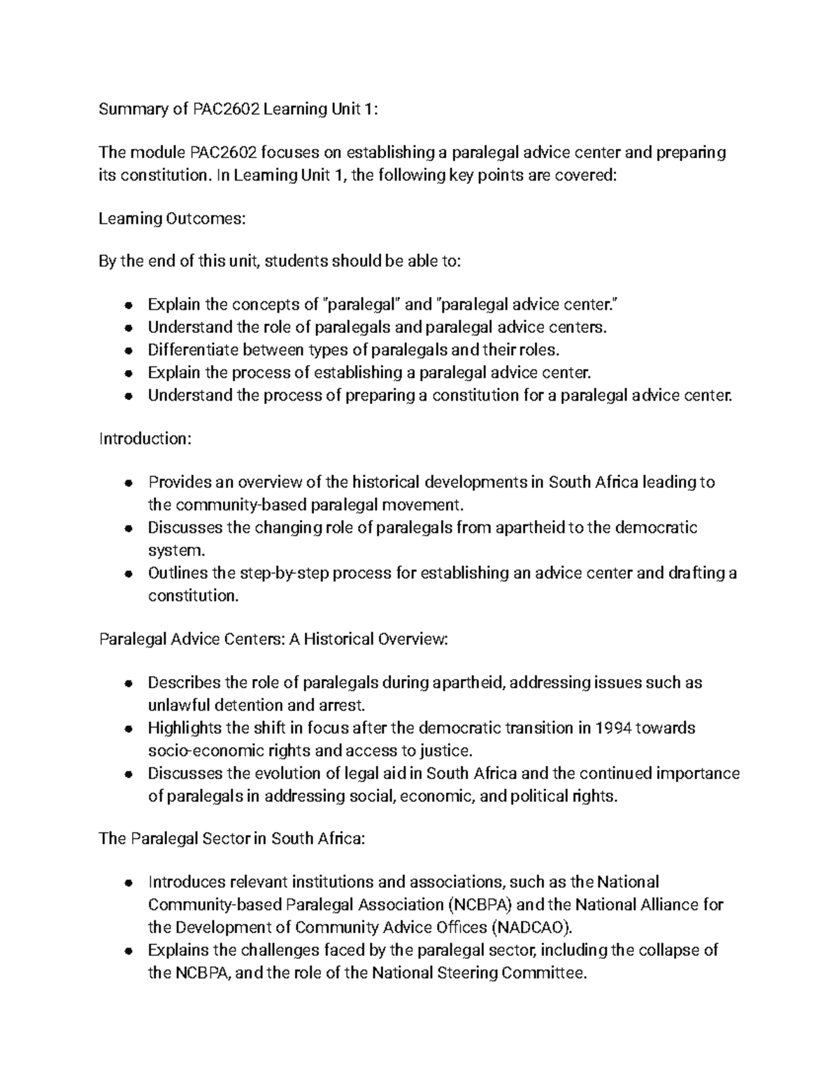 PAC2602 Final Exam Study Notes: Paralegal Advice Center Overview - Studocu