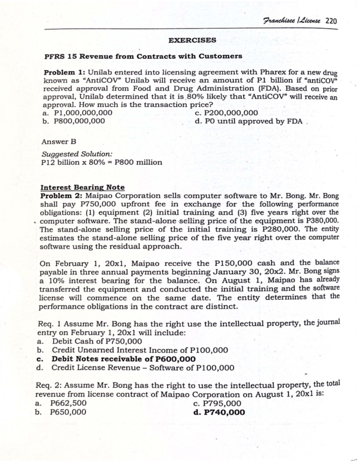 Franchisee 220 EXERCISES: PFRS 15 Revenue Recognition Problems and ...