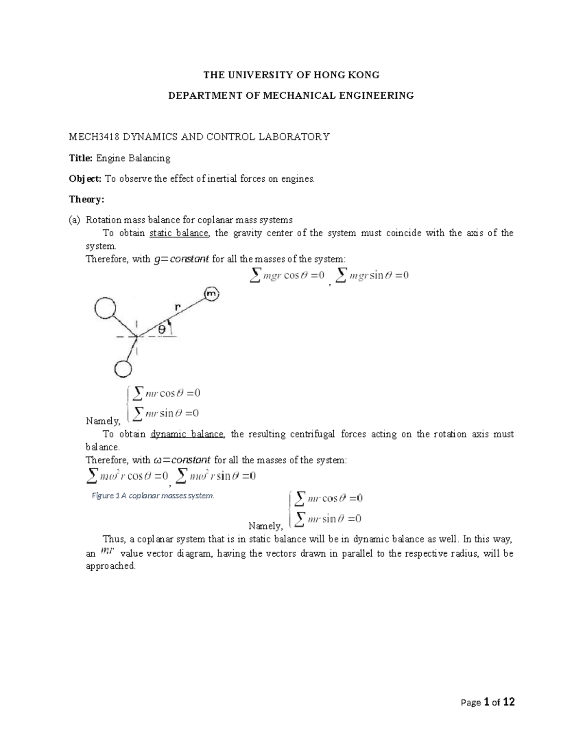 MECH3418 Dynamics Control Lab: Engine Balancing Experiment - Studocu