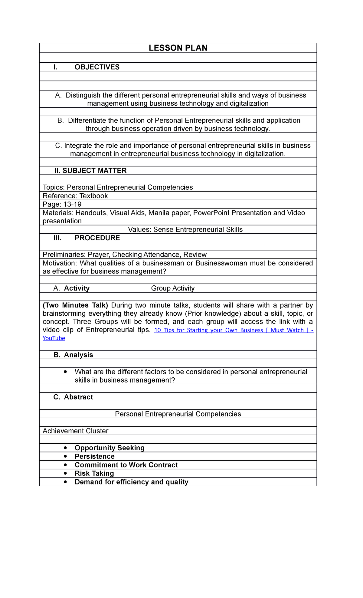 Lesson Plan on Personal Entrepreneurial Skills with Tech Integration ...